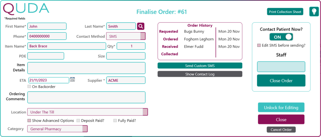 The Order Page - Pharmacy Halo