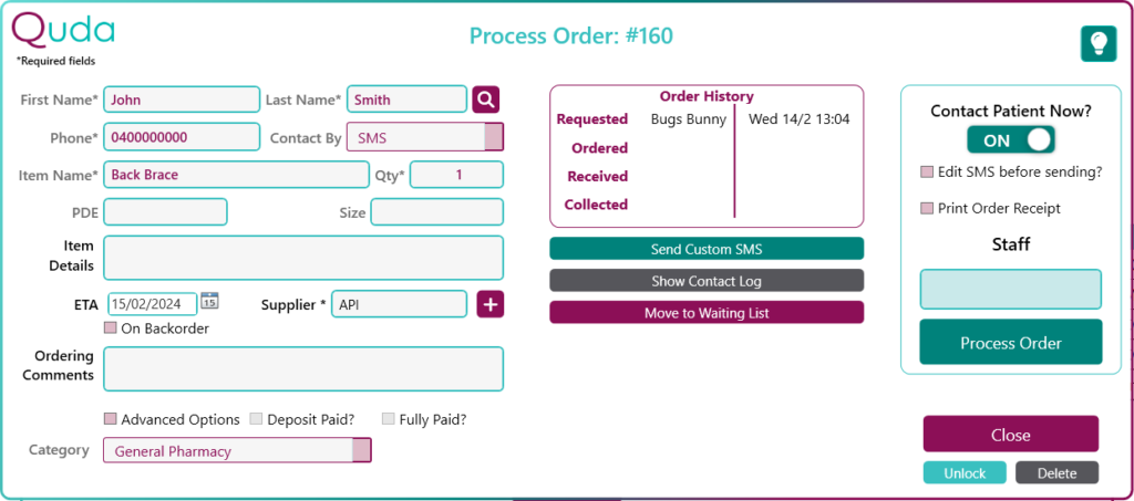 The Order Page - Pharmacy Halo